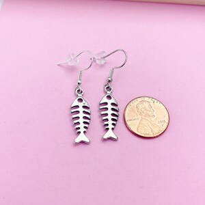 Silver Fishbone Charm Dangle Earrings, Fish Bone Earrings, Silver ...