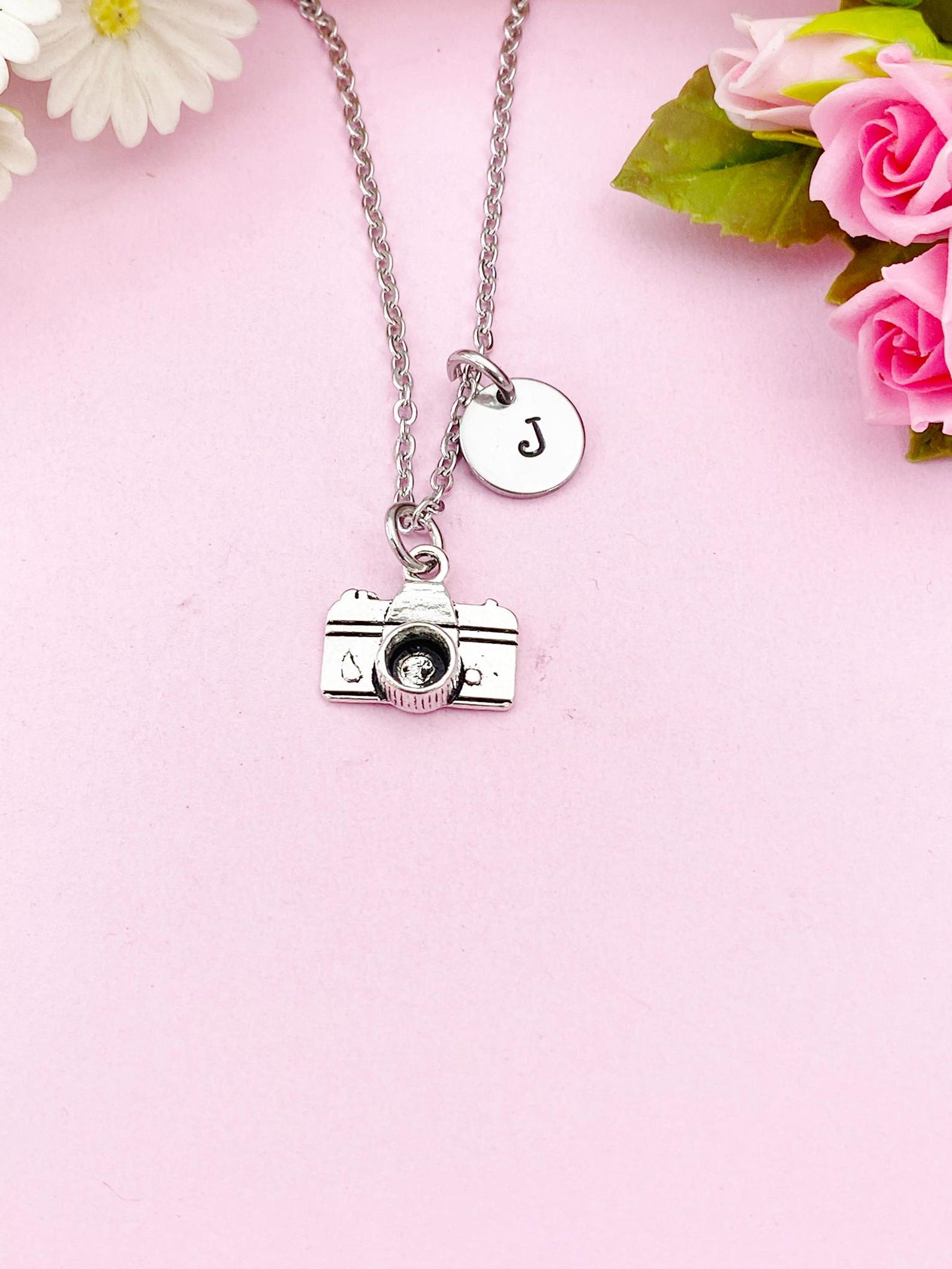 Silver Camera Necklace, Personalized Initial Charm, Photographer Gift ...