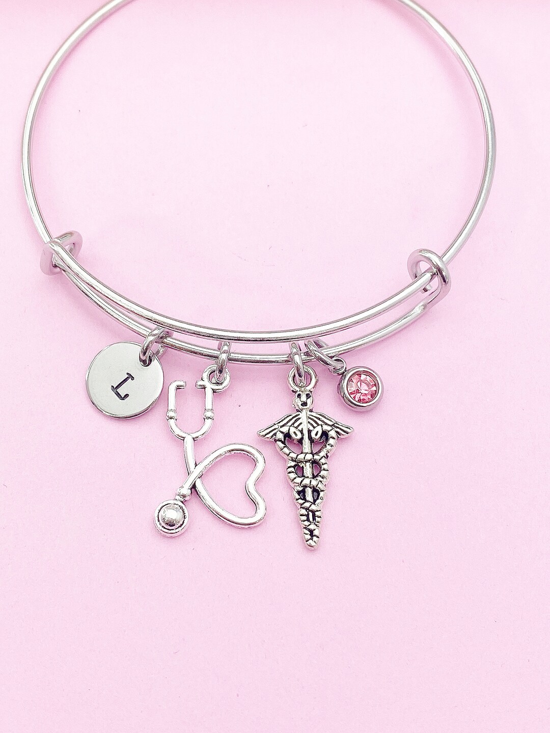 Caduceus Stethoscope Charm Bracelet, Initial & Birthstone, Medical Gift ...