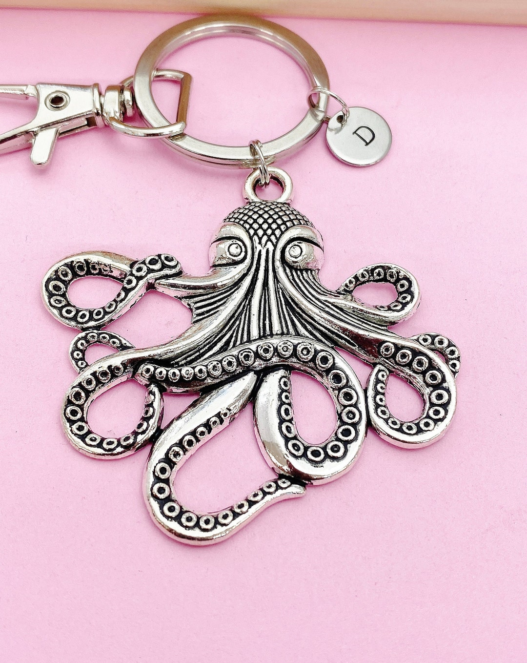 Octopus Keychain, Personalized Initial Charm, Bronze or Silver Tone - Etsy