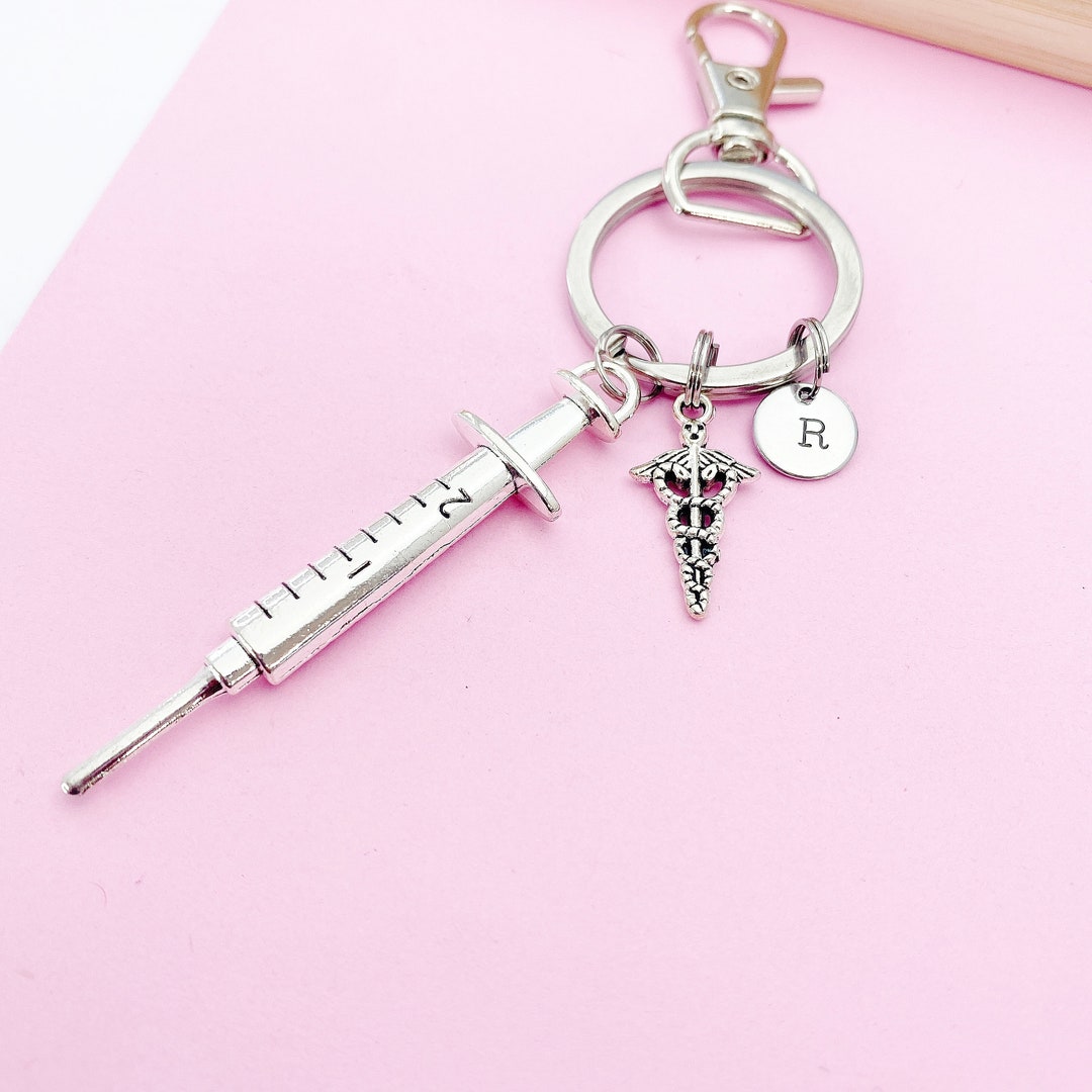 Medical Syringe Caduceus Keychain in Silver, Gifts for Medical School ...