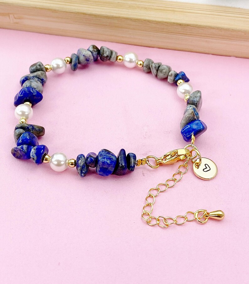 Lapis Lazuli Shell Pearl Bracelet, Gold Natural Gemstone Jewelry, N6299 ...