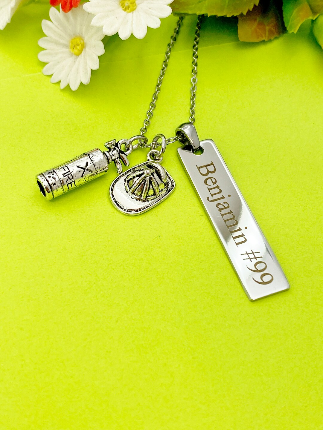 Silver Firefighter Helmet Fire Extinguisher Necklace, Name, Tag, Badge ...