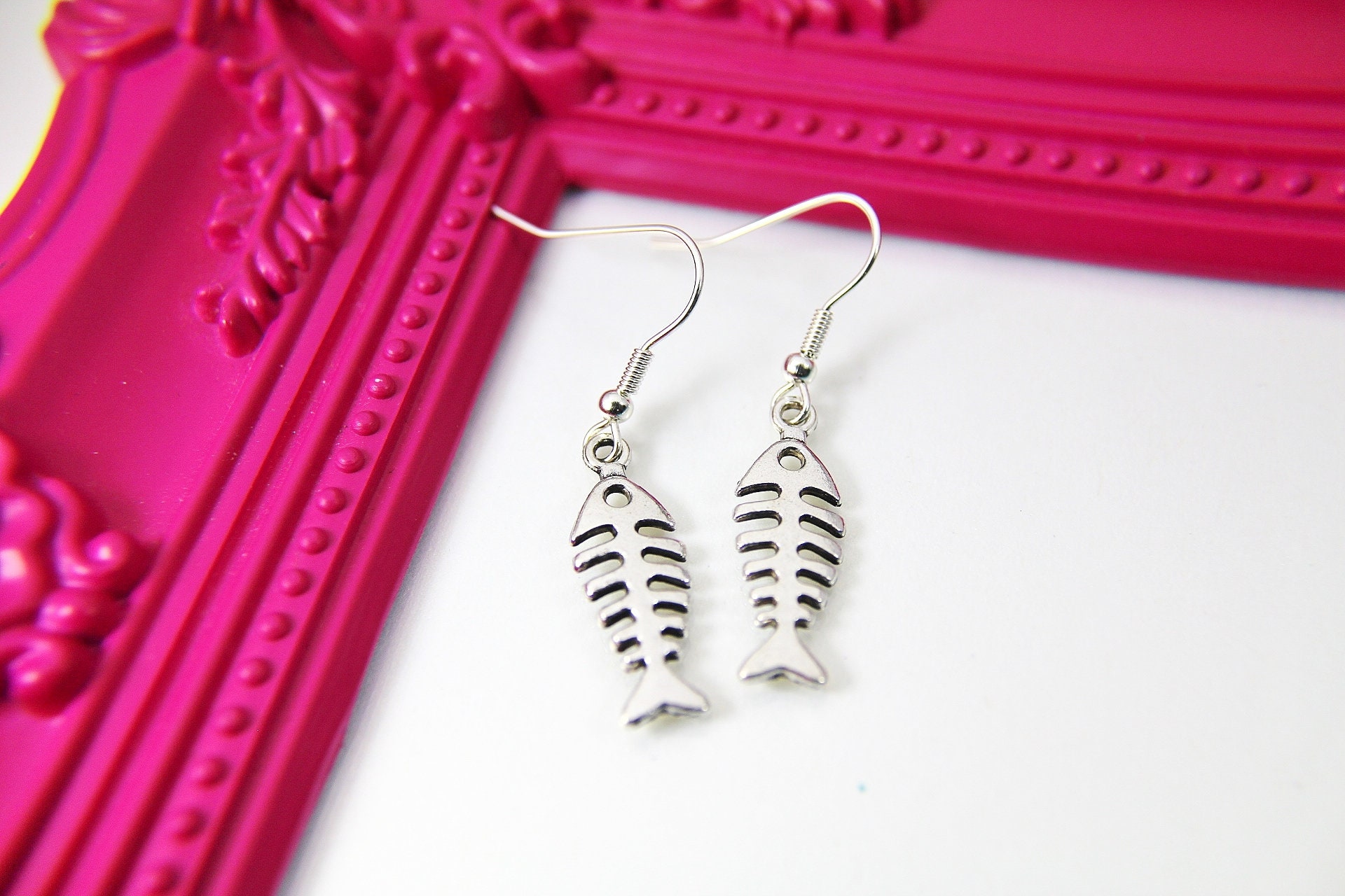 Silver Fishbone Charm Dangle Earrings Fish Bone Earrings | Etsy