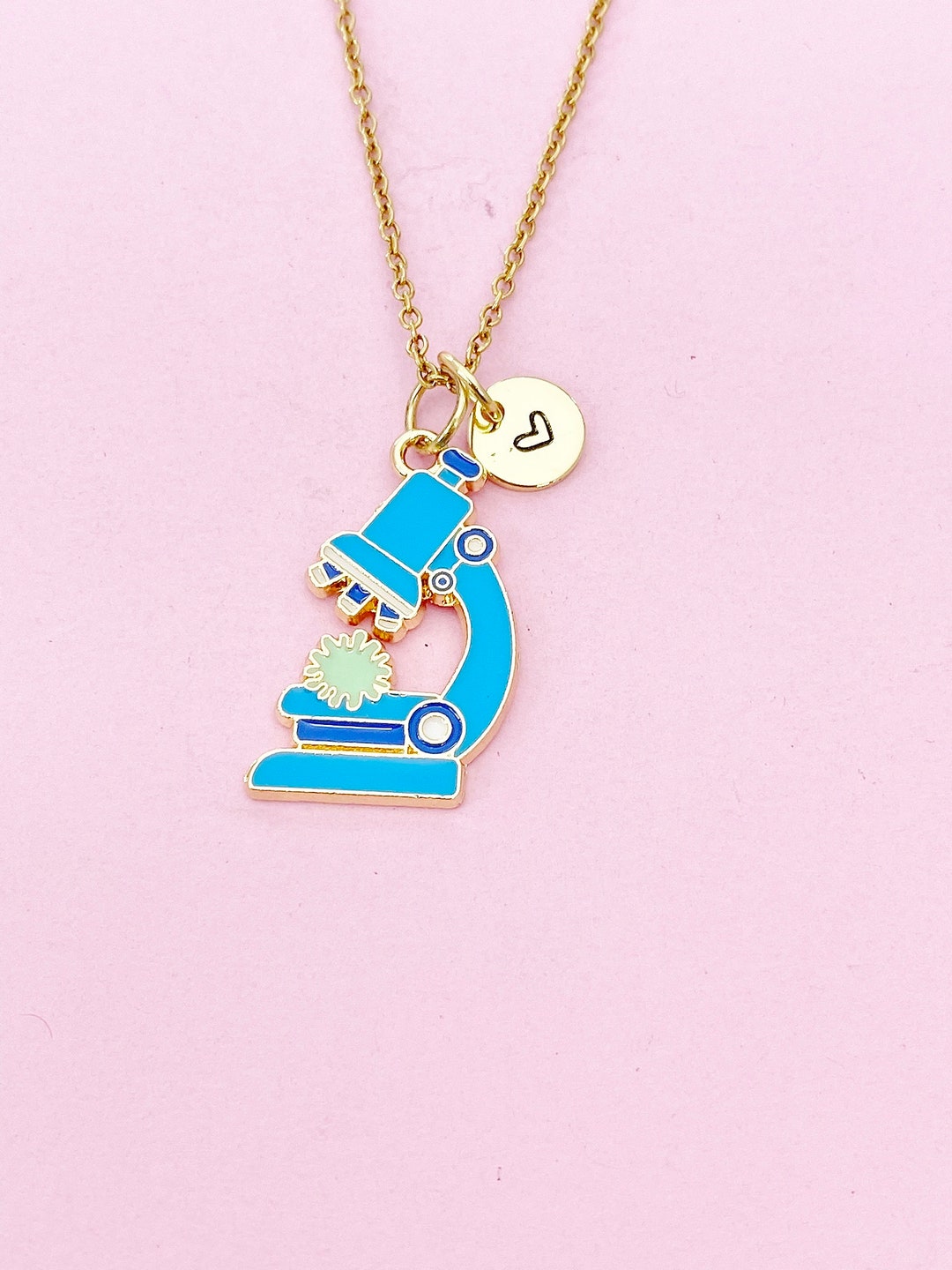 Gold Cute Blue Microscope With Cell Biology Charm Necklace, Bracelet or ...