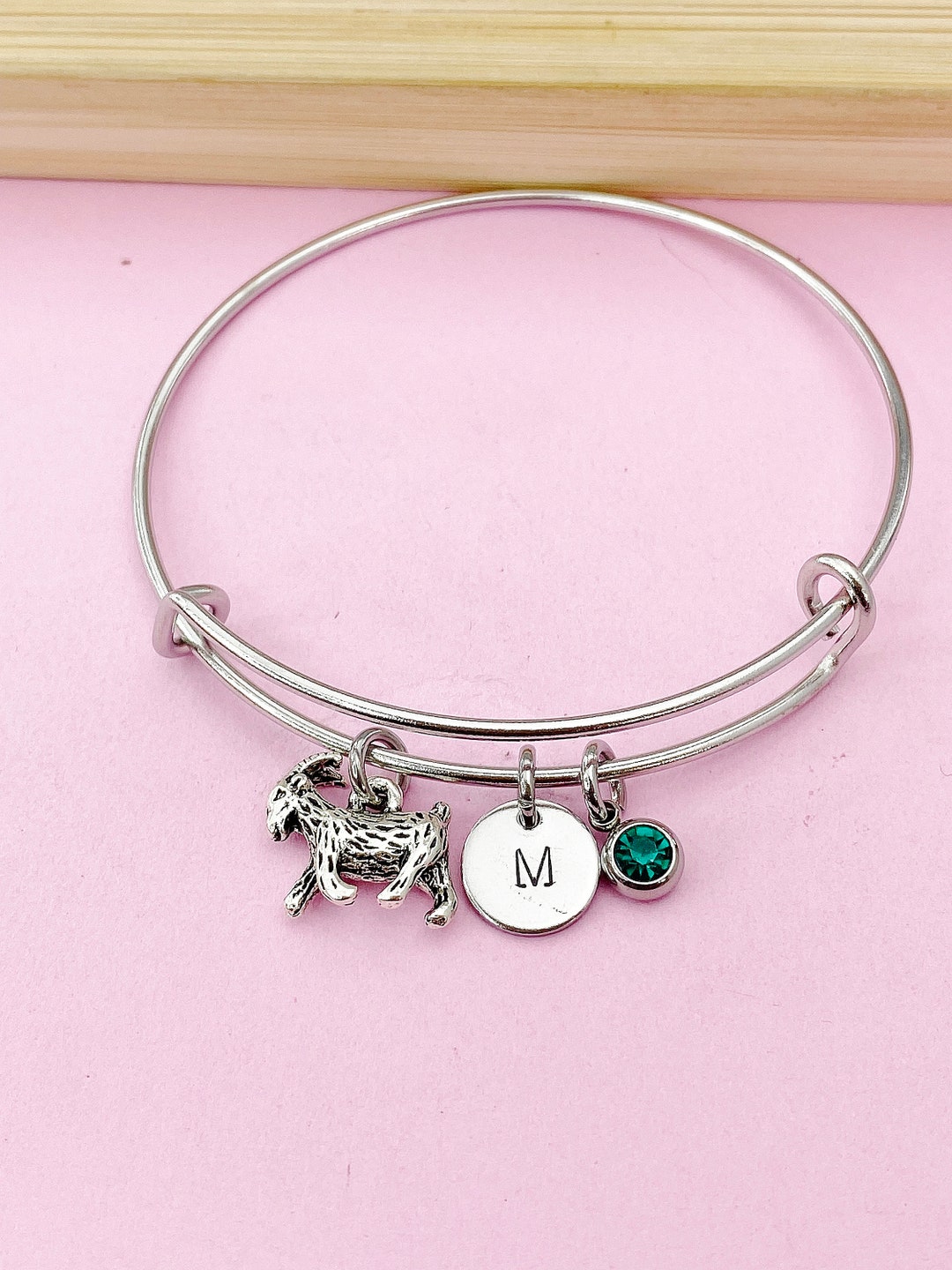 Silver Goat Charm Bangle Bracelet, Personalized Initial, Birthstone ...