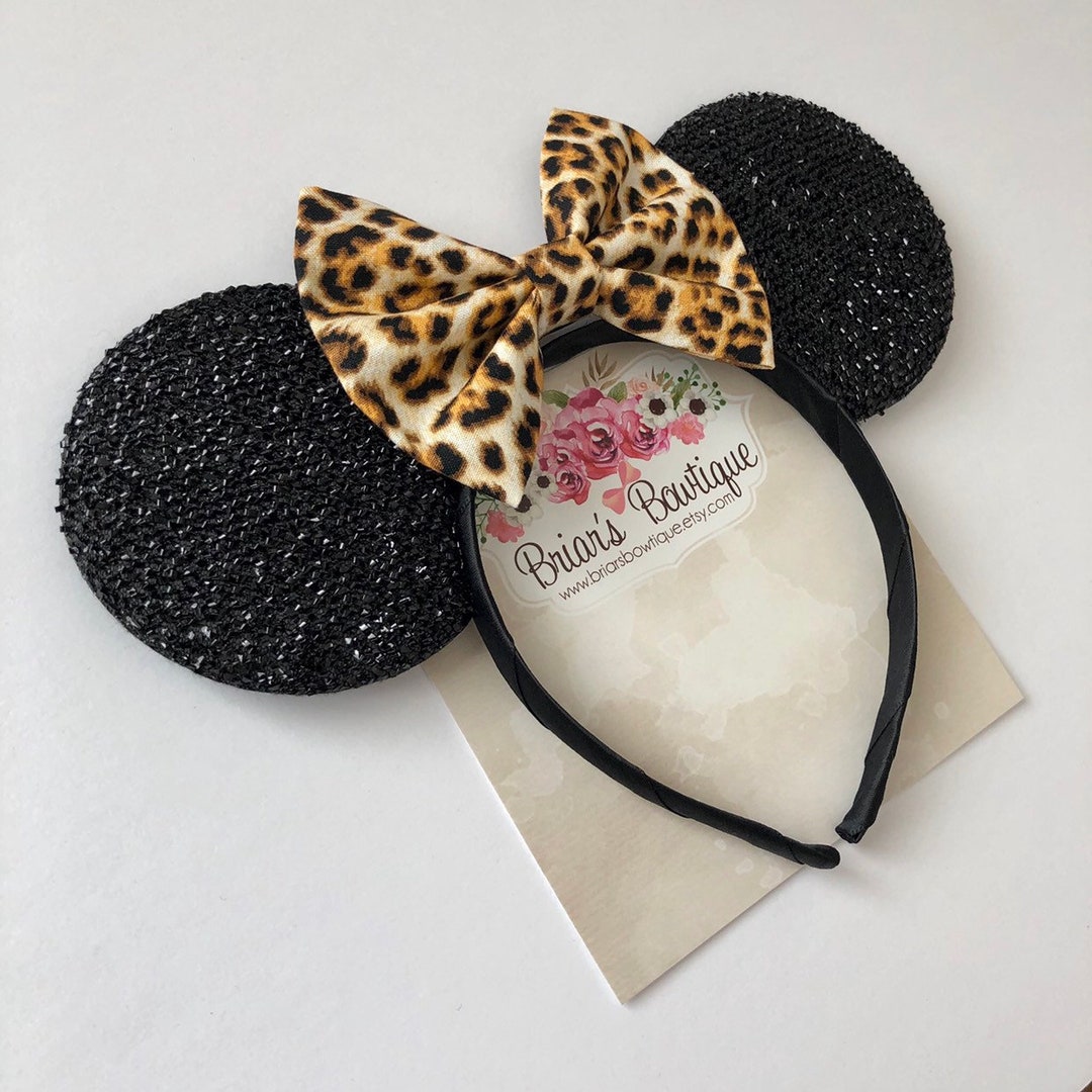 Leopard Print Minnie Mouse Ears; Leopard Print Bow on Black Sparkle ...