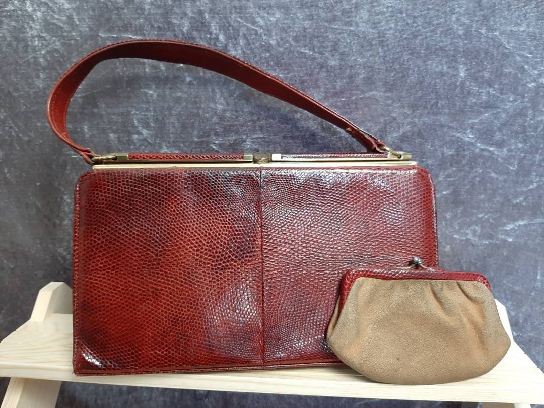 Red Lizard Skin Handbag, With Matching Coin Purse. Suede Lined Bag ...