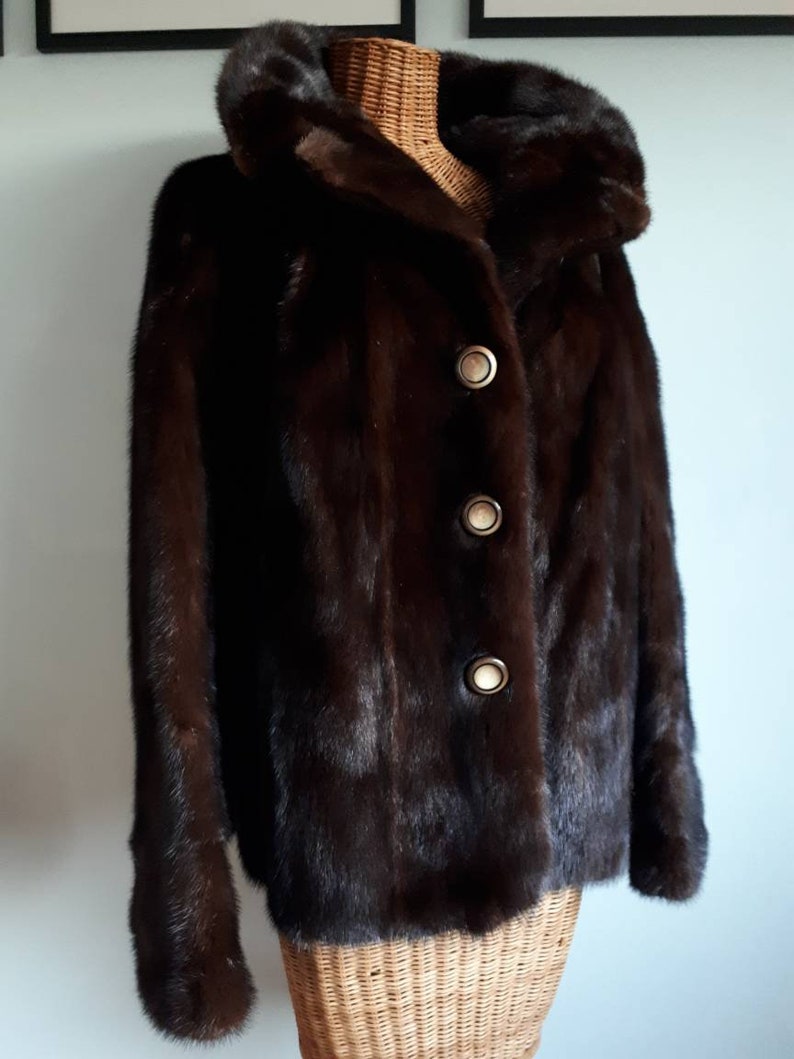 60s Short Jacket, Real Dark Brown Mink Fur Coat Button Detail. Short ...