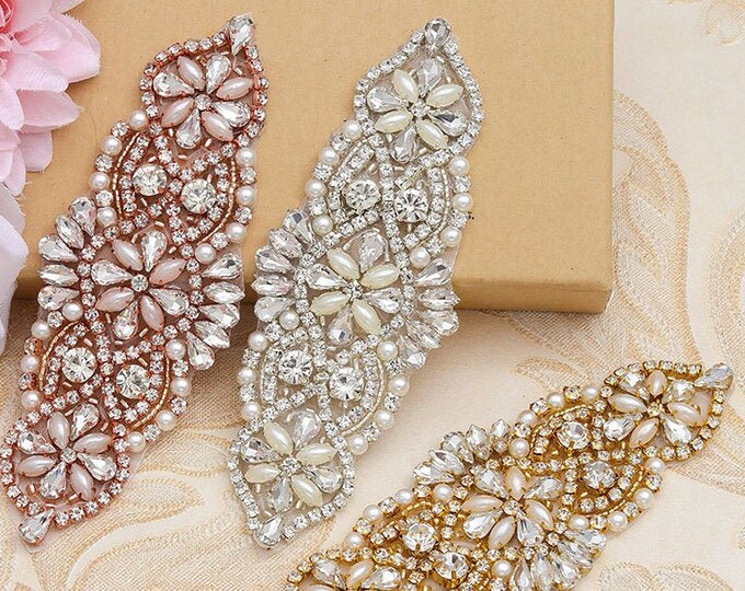 Pearl Rhinestone Bridal Applique Gold Crystal Bead Applique - Etsy