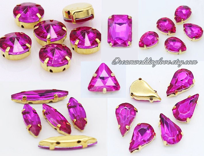 Hot Pink Sew on Rhinestones Gold Settingfuchsia Teardrop - Etsy