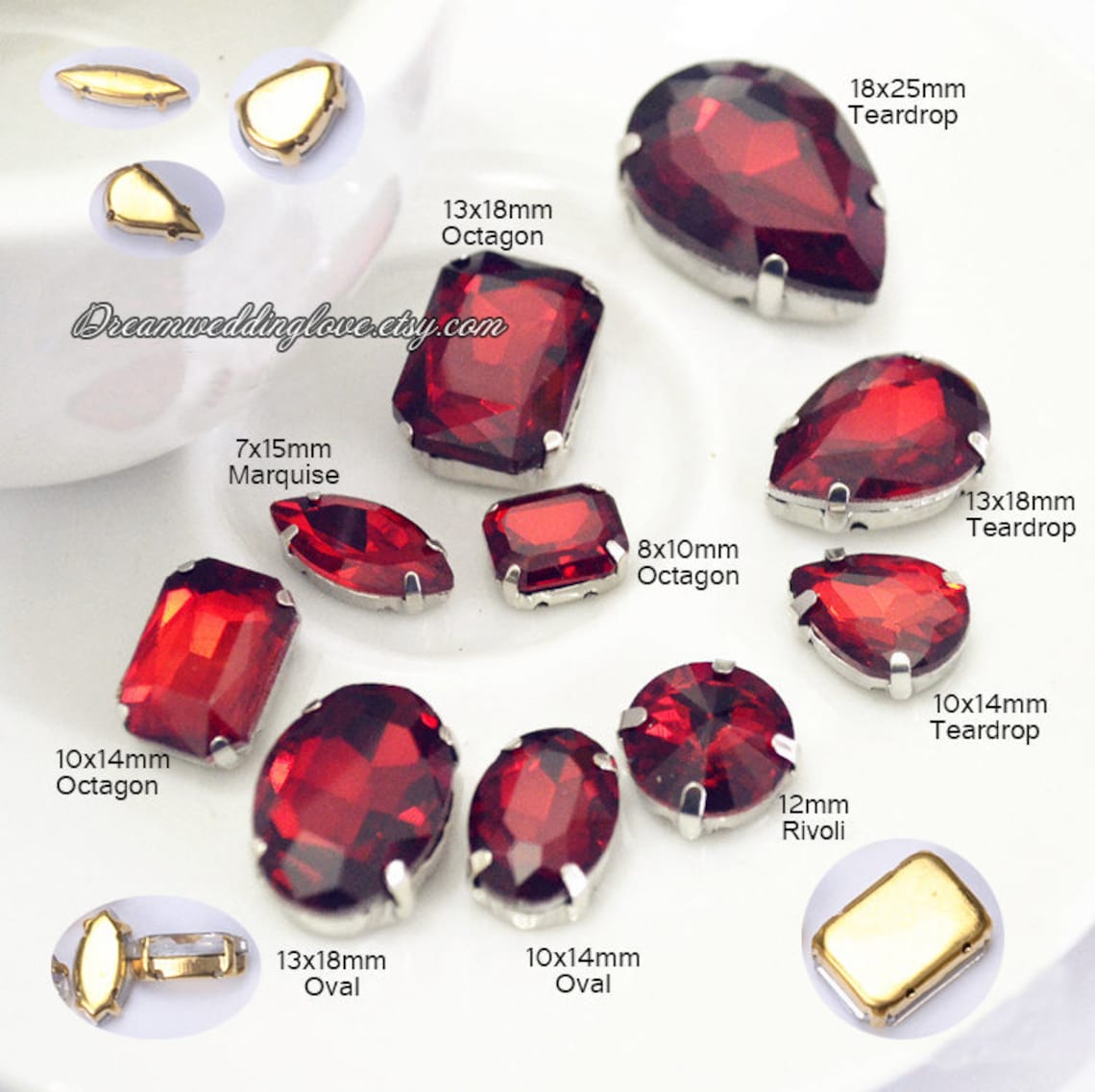 Siam Sew on Rhinestones Gold Setting--red Glass Teardrop Oval Octagon ...