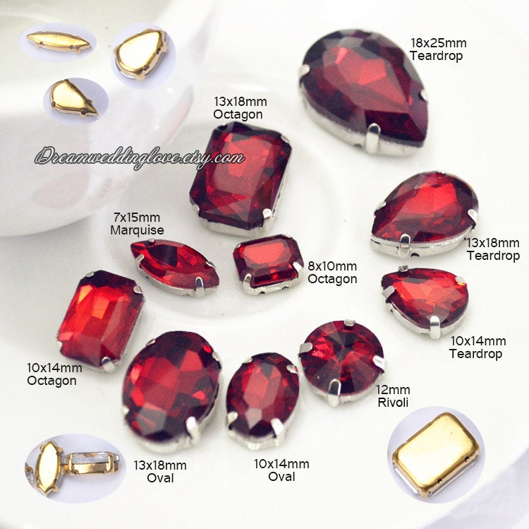 Siam Sew on Rhinestones Gold Setting--red Glass Teardrop Oval Octagon ...