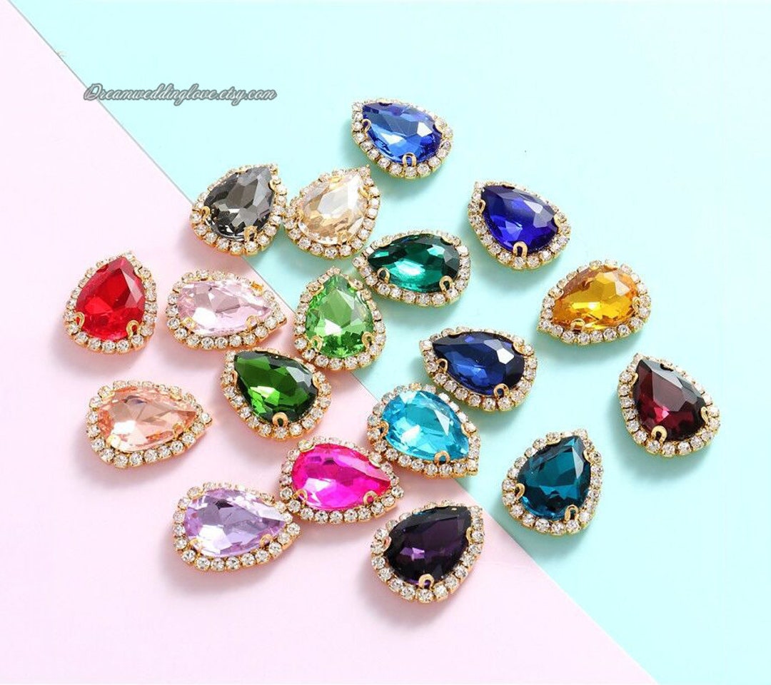 Teardrop Crystal BUTTON in Gold Color Setting 10x14mm 13x18mm Sew on ...