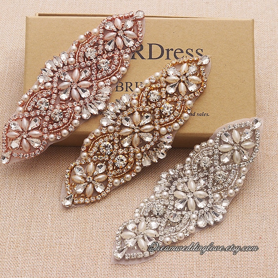 Pearl Rhinestone bridal applique Gold Crystal bead applique | Etsy