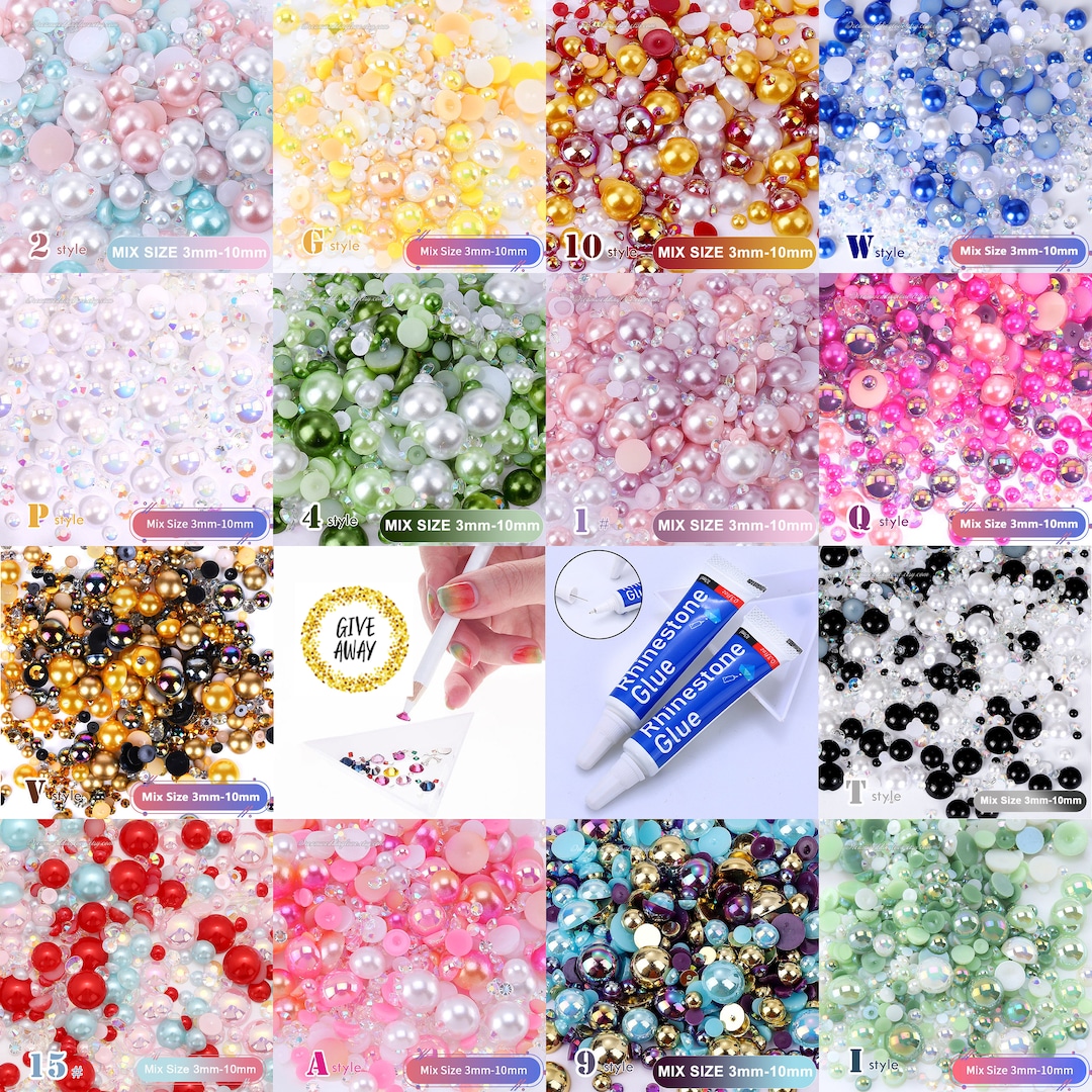 Mixs Size Color Half Pearls and AB Rhinestones Pink Yellow Red Blue ...