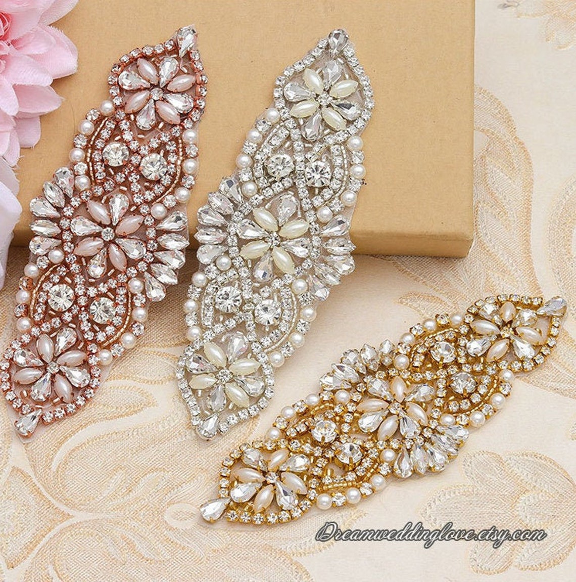 Pearl Rhinestone Bridal Applique Gold Crystal Bead Applique | Etsy