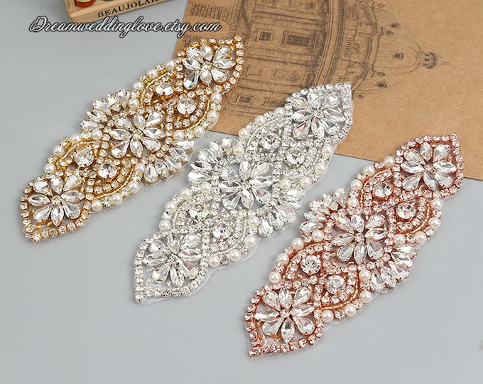 Pearl Rhinestone Bridal Applique Gold Crystal Bead Applique - Etsy