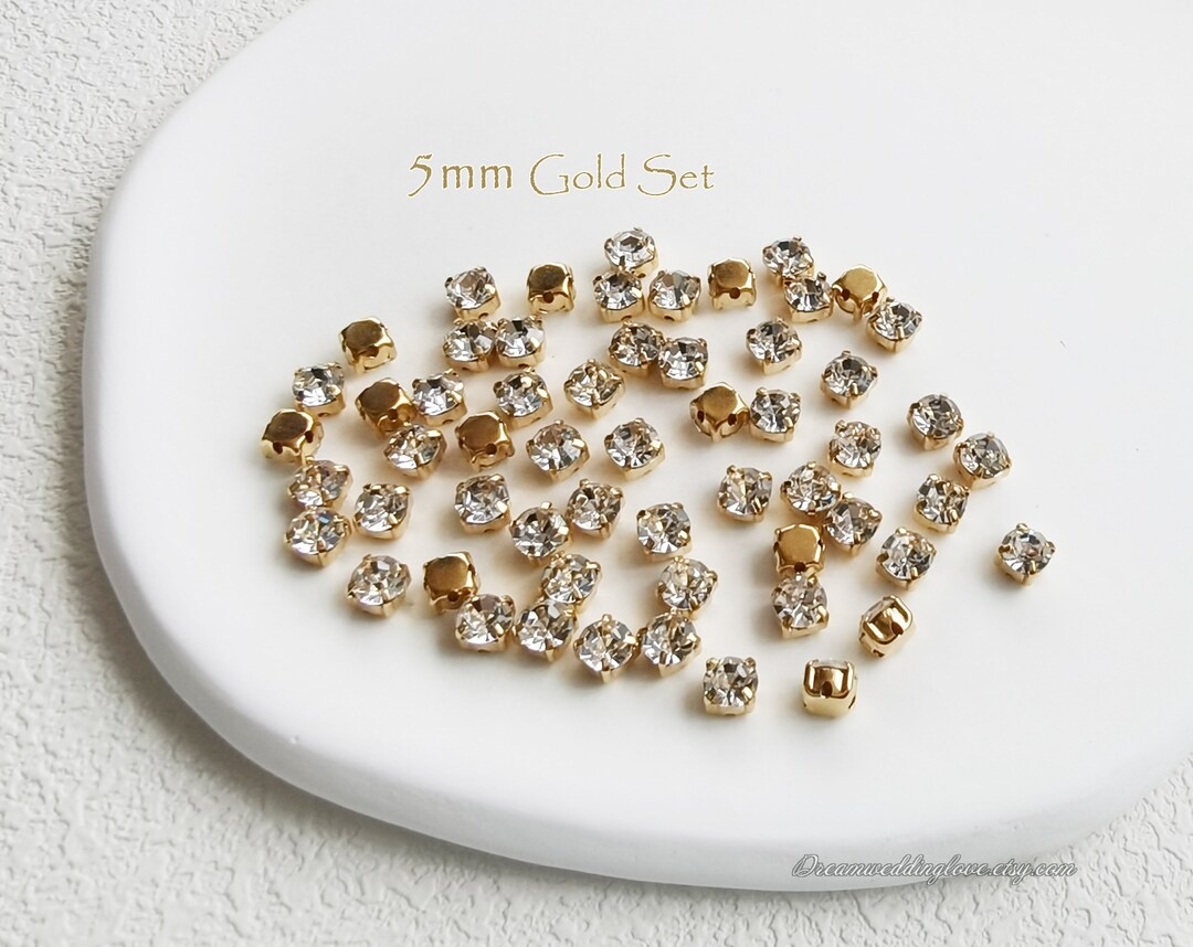 5mm Sew on Chaton Small Rose Montee Beads Tiny Clear Crystal in Gold ...