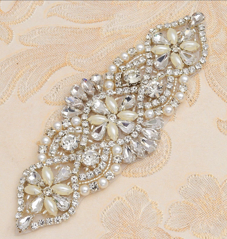Pearl Rhinestone Bridal Applique Gold Crystal Bead Applique | Etsy