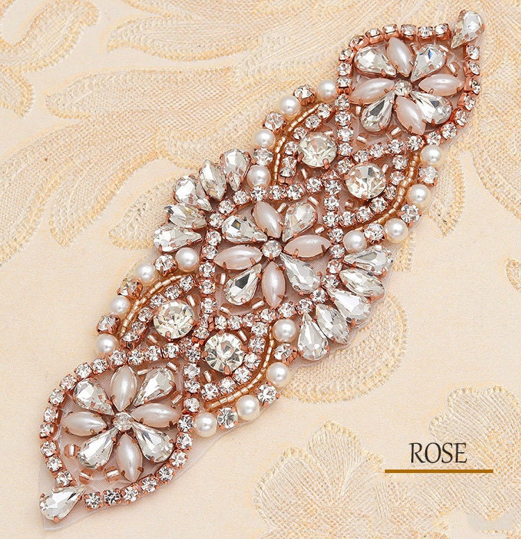 Pearl Rhinestone Bridal Applique Gold Crystal Bead Applique | Etsy