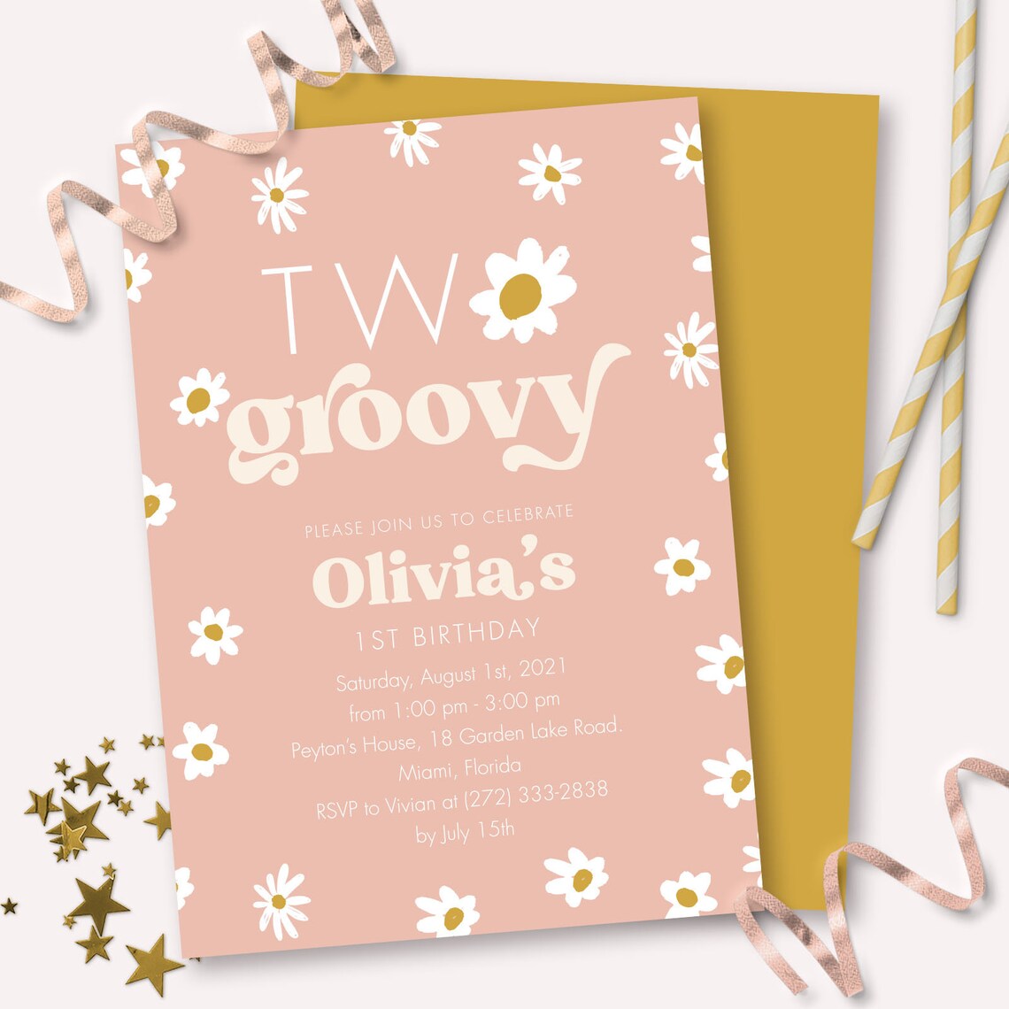 Two Groovy Party Invitation - Printable Boho Pink Daisy 2nd Birthday ...
