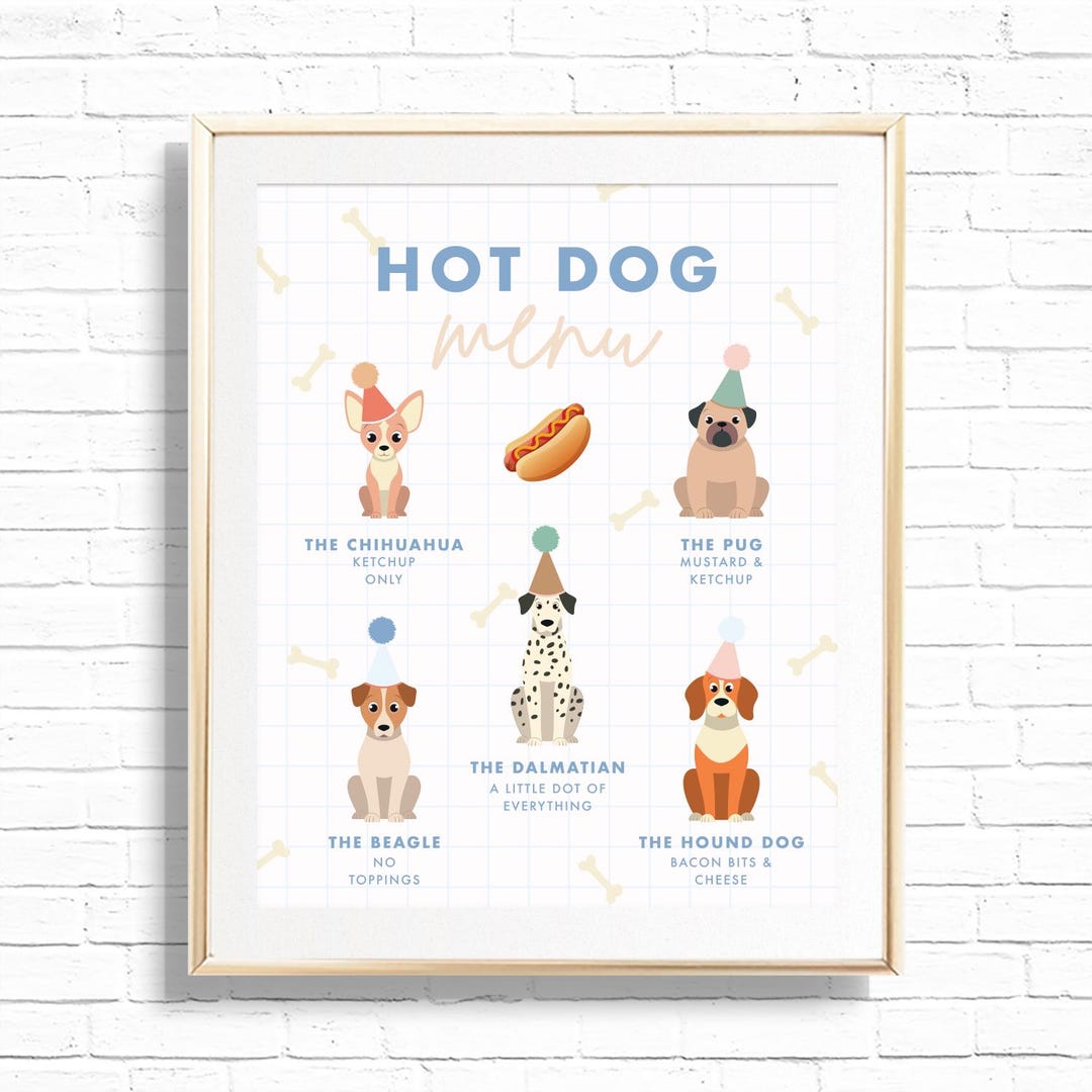 Hot Dog Menu - Printable Dog Puppy Pawty 1st Birthday Party Food Table ...