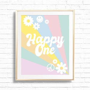 Happy One Sign - Printable Pastel Happy Face Birthday Party Favours Art ...