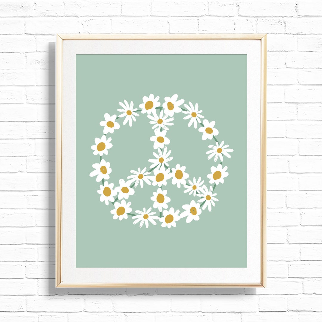 Green Boho Daisy Peace Sign Art Print - Printable 8x10 Floral Daisies ...