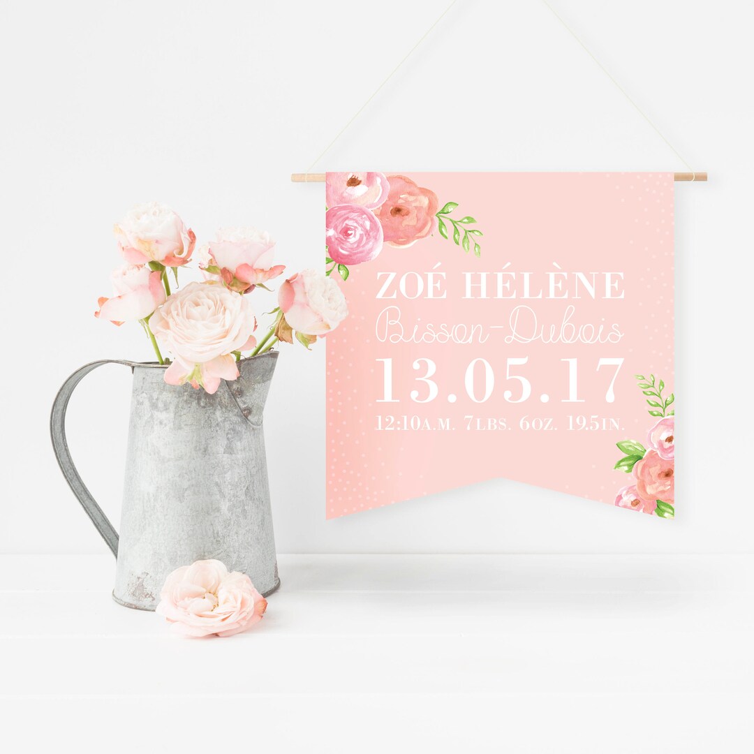 Pink Floral Birth Stat Flags Pennant Flag Nursery Wall - Etsy