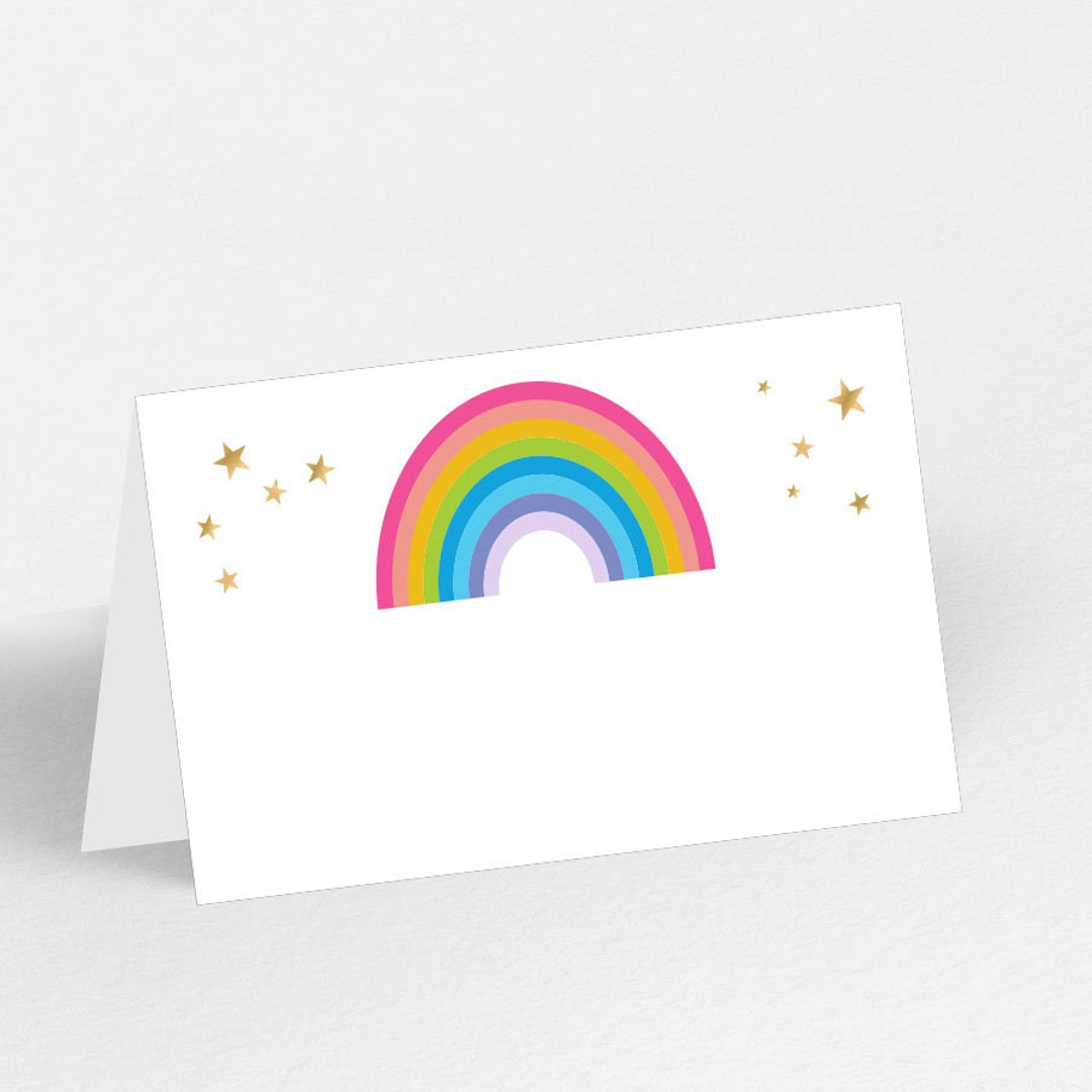 Rainbow Tent Cards - Printable Bright Rainbow and Gold Name Tags ...