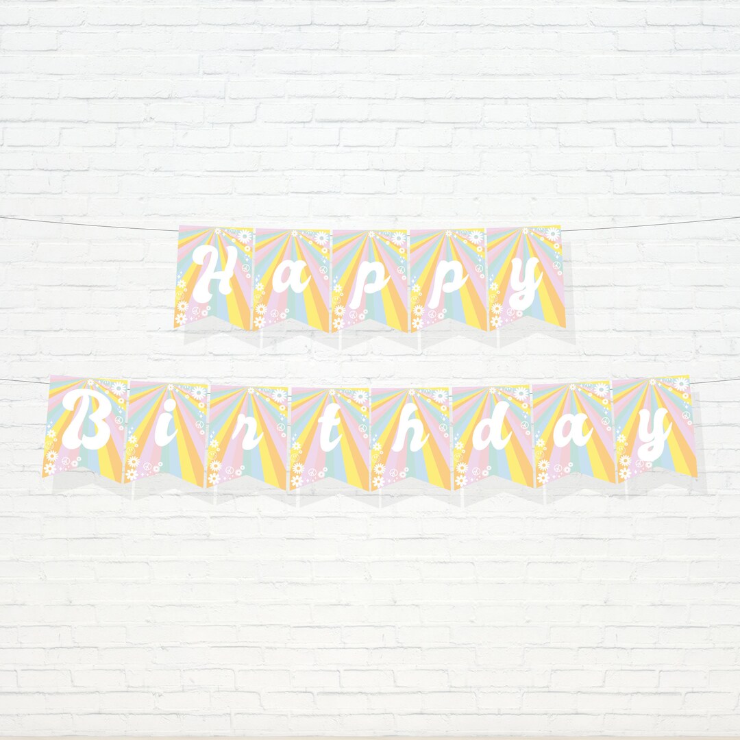 Happy Face Banner - Printable Boho Groovy Daisies Smile Birthday Party ...