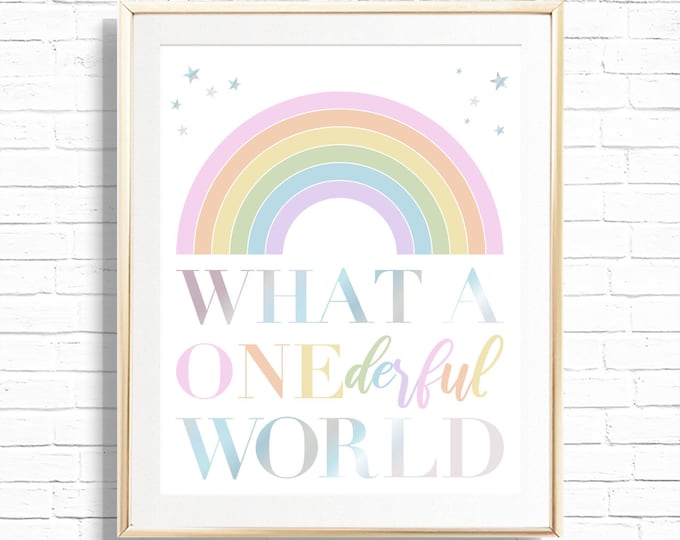 Onederful World Sign Printable Pastel and Iridescent Rainbow Birthday ...
