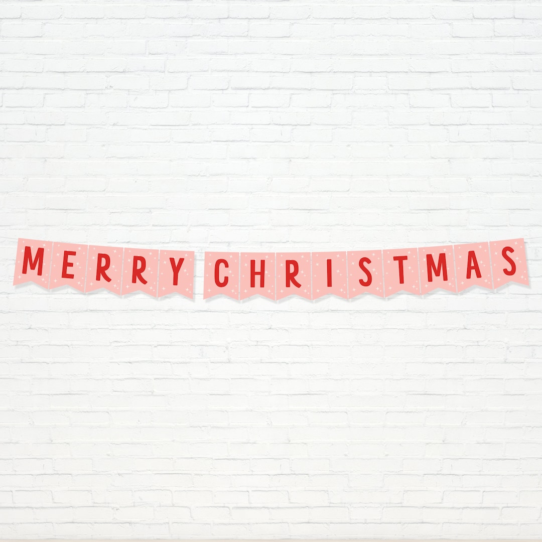 Boho Merry Christmas Banner - Printable Pink & Red Christmas Home Decor ...