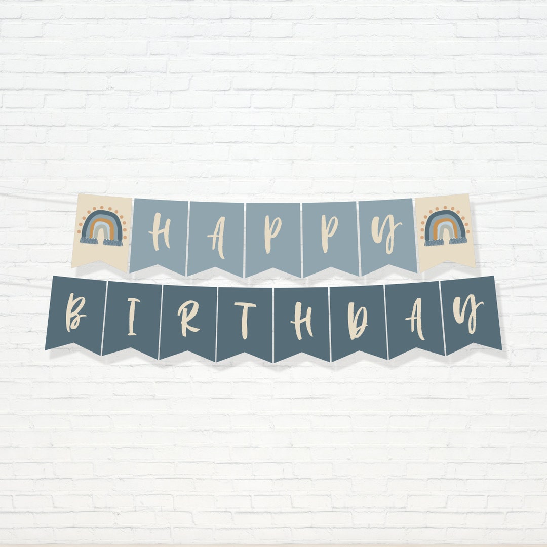 Blue Boho Rainbow Happy Birthday Party Banner - Printable Bohemian ...