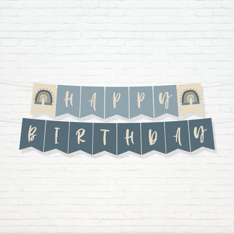 Blue Boho Rainbow Happy Birthday Party Banner Printable - Etsy