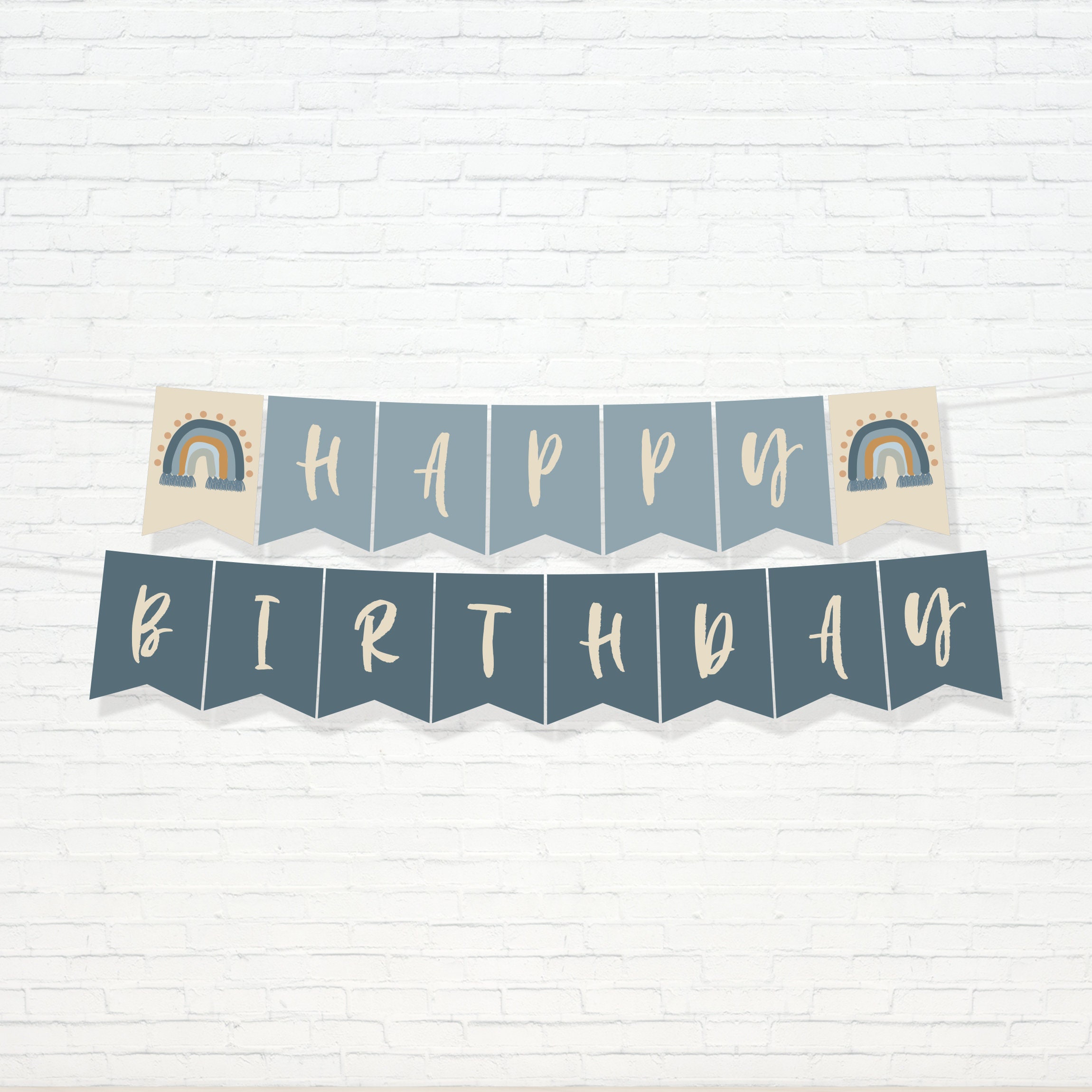 Blue Boho Rainbow Happy Birthday Party Banner Printable | Etsy