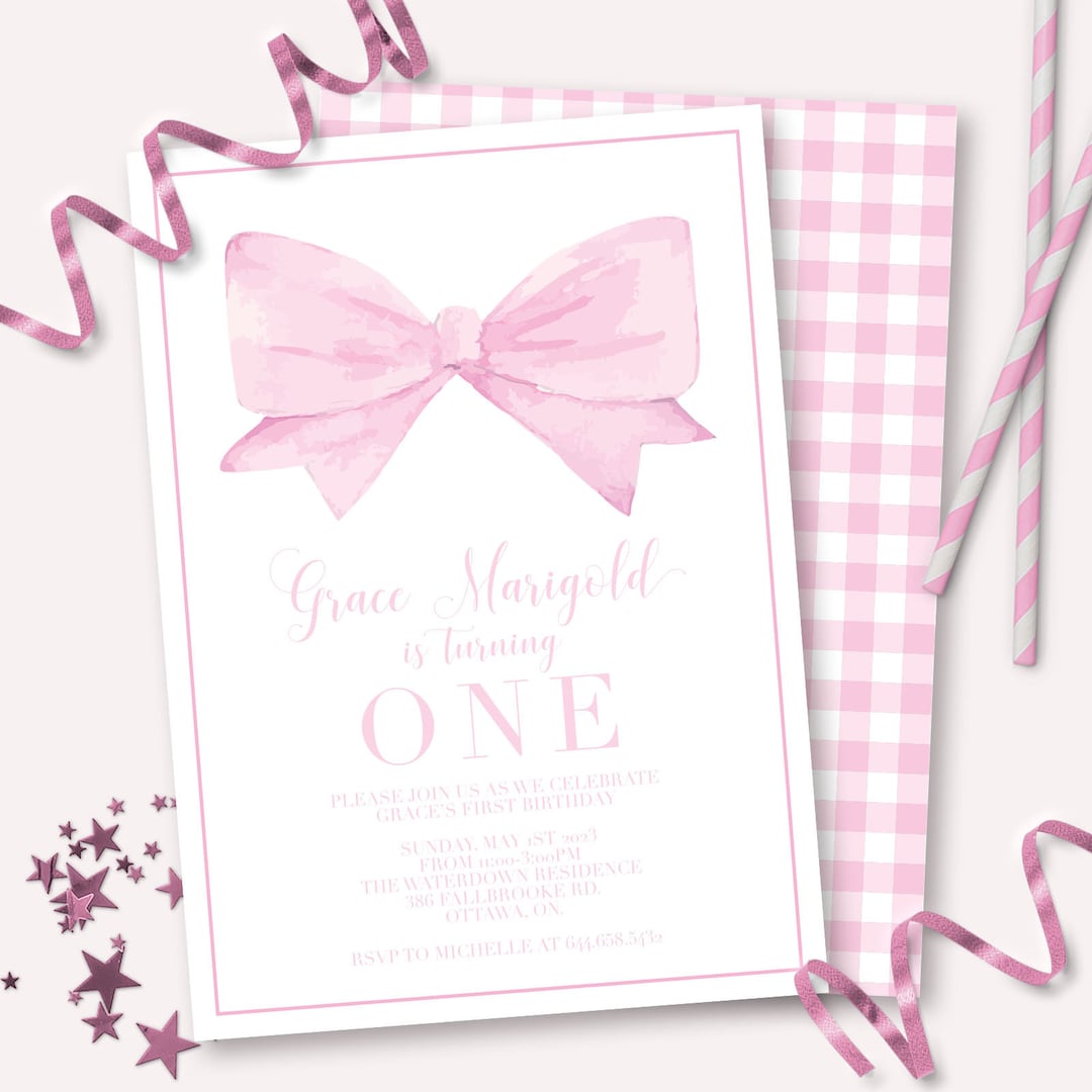 Pink Bow Invitation Printable Watercolor Pink Bow and Gingham First ...