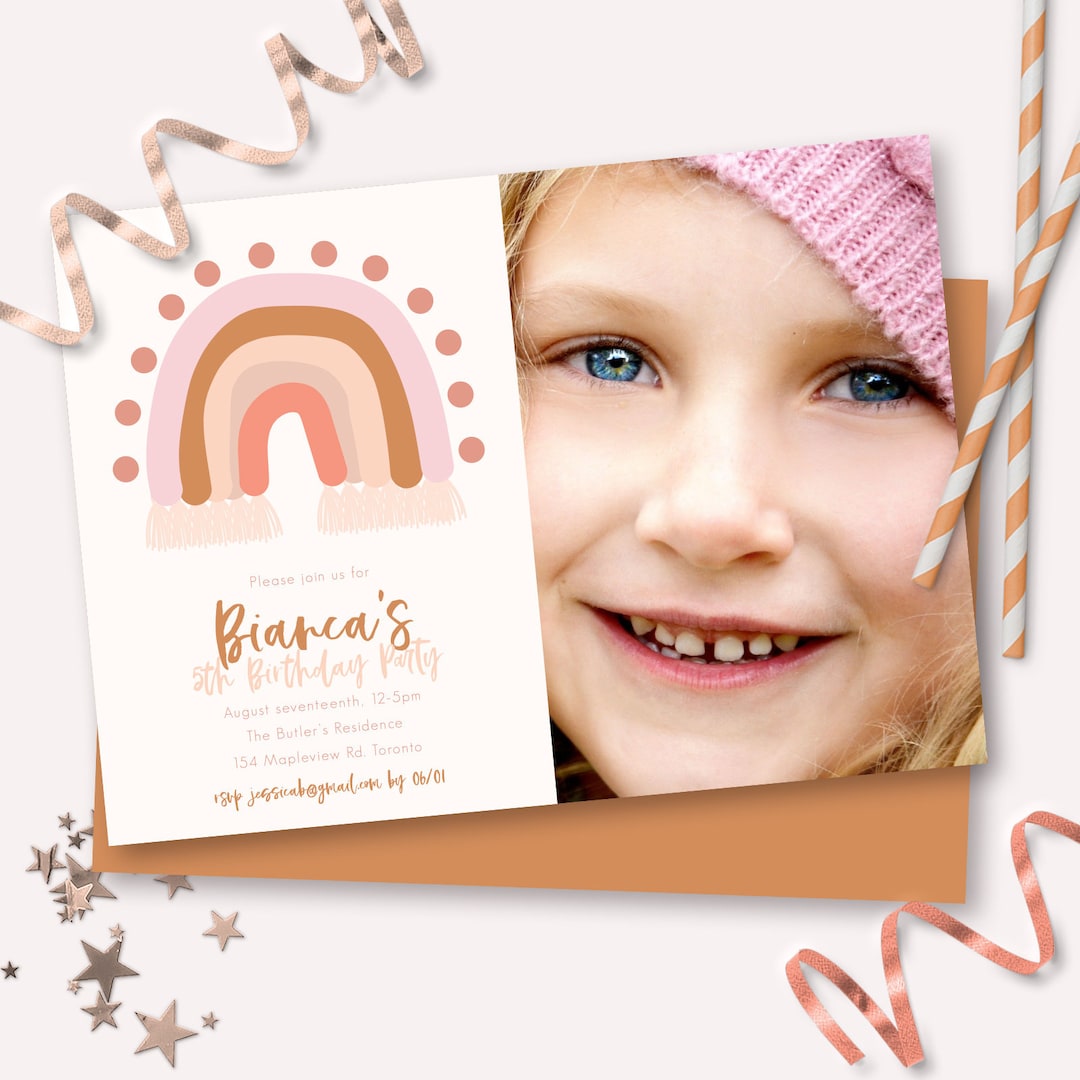 Boho Rainbow Themed Birthday Party Photo Invitation - Printable Neutral ...