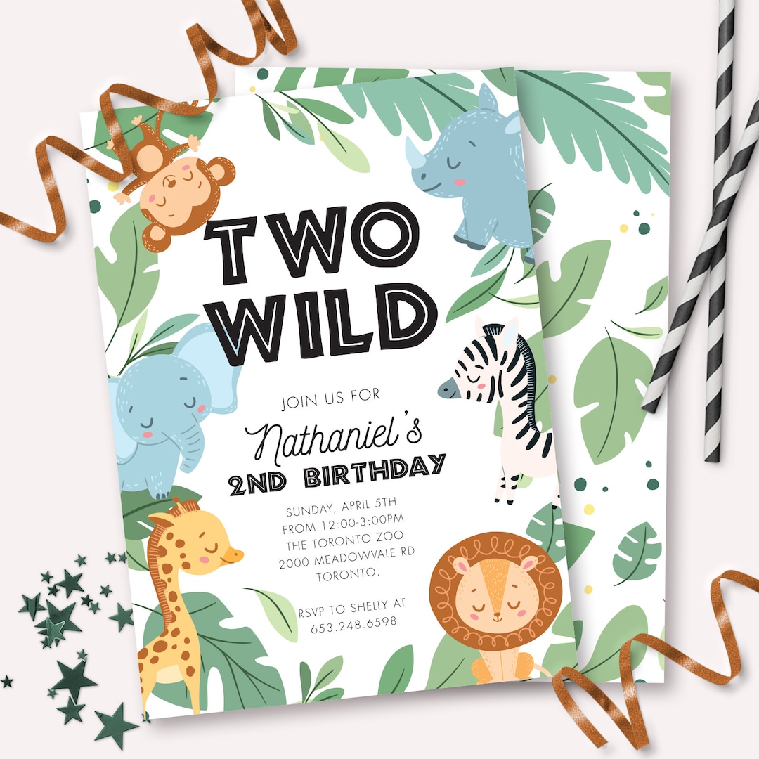 Two Wild Invitation Printable Jungle Safari Animals Invite Two Wild 2nd ...