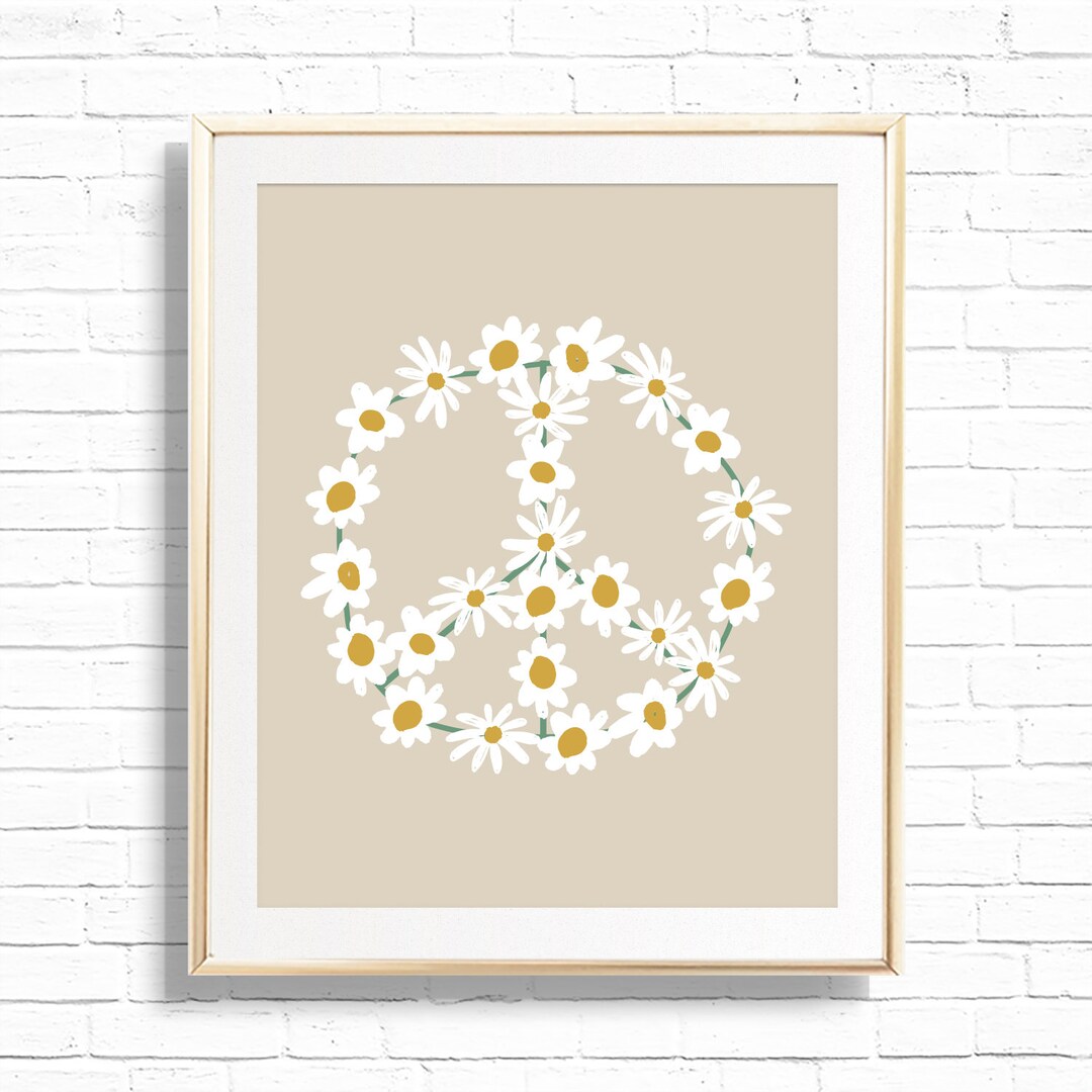 Brown Boho Daisy Peace Sign Art Print - Printable 8x10 Floral Daisies ...