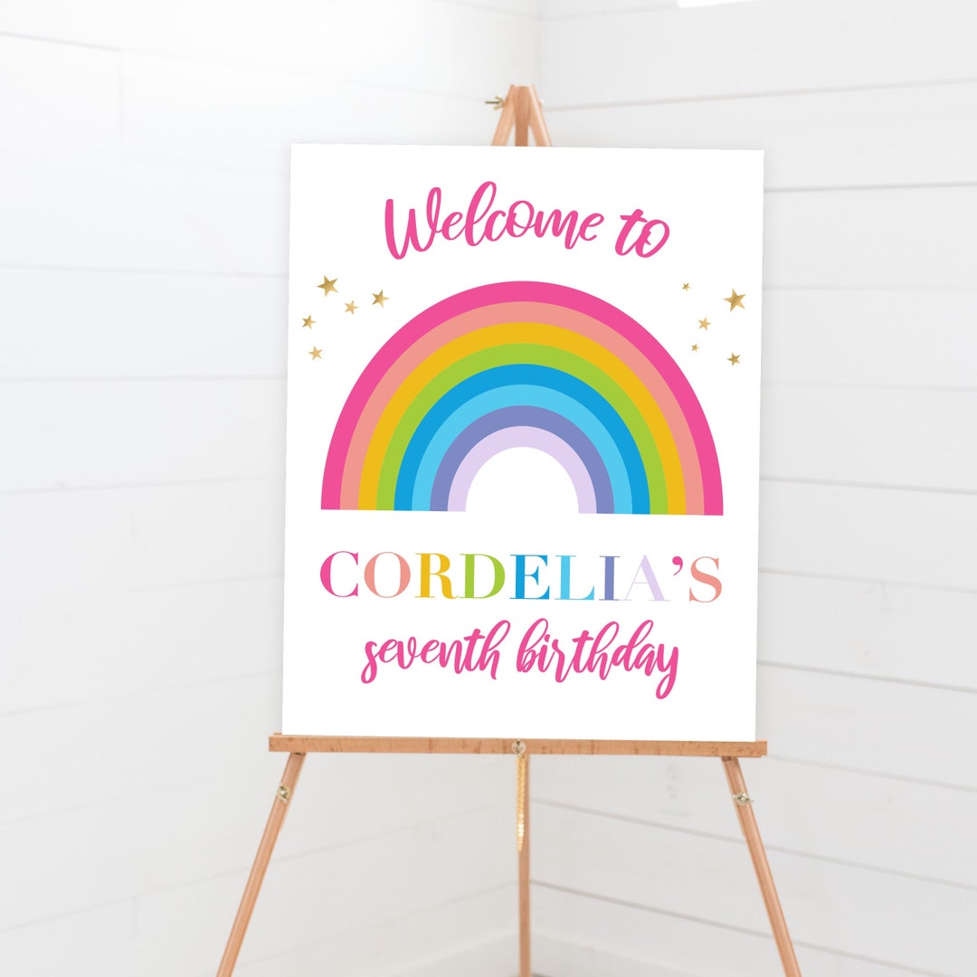 Rainbow Welcome Sign Printable Gold and Bright Rainbow 1st Birthday ...