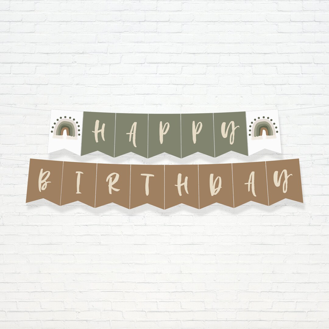 Green Boho Rainbow Happy Birthday Party Banner - Printable Bohemian ...