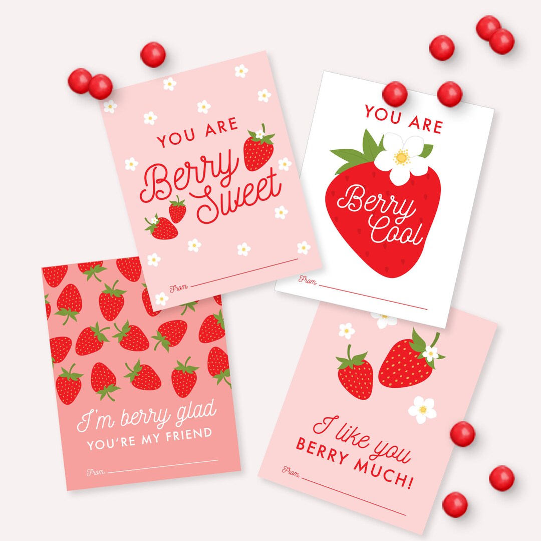 Strawberry Valentine's Day Cards - Printable Boho Berry Daisy Kids ...