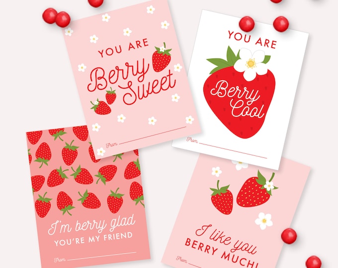 Strawberry Valentine's Day Cards Printable Boho Berry Daisy Kids ...
