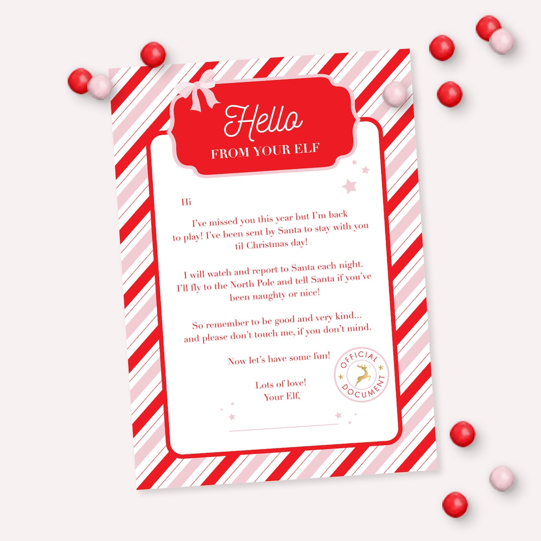 Elf Hello Letter - Printable 5x7 Classic Candy Cane Elf Hello & Goodbye ...