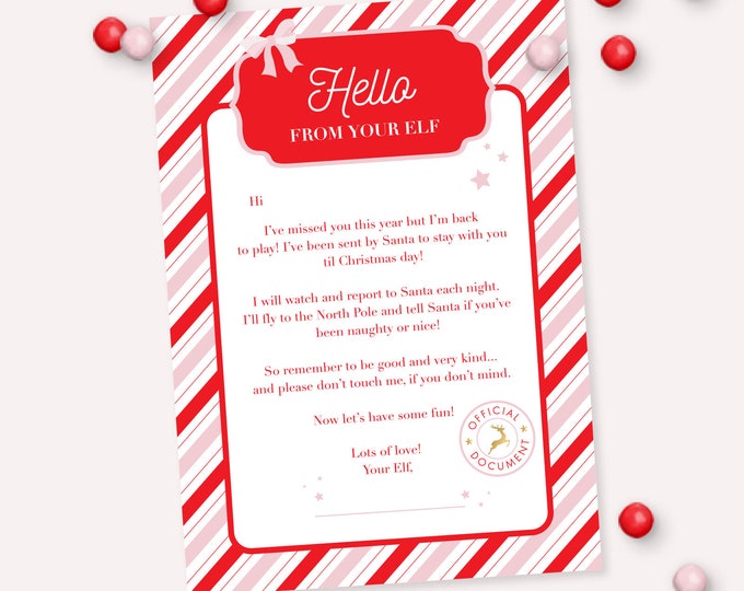 Elf Hello Letter Printable 5x7 Classic Candy Cane Elf Hello & Goodbye ...
