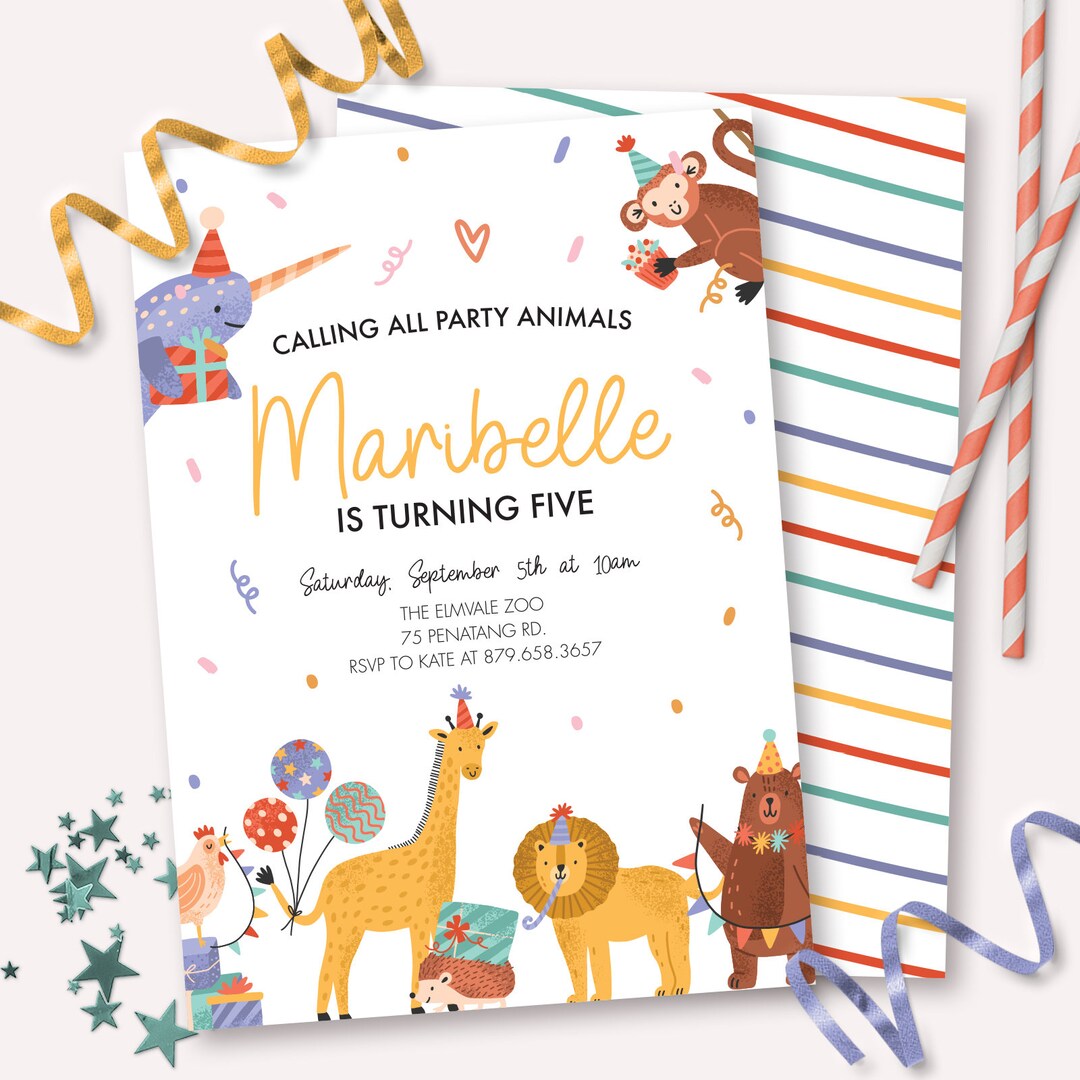 Party Animals Invitation - Printable Rainbow Zoo Animal Birthday Party ...