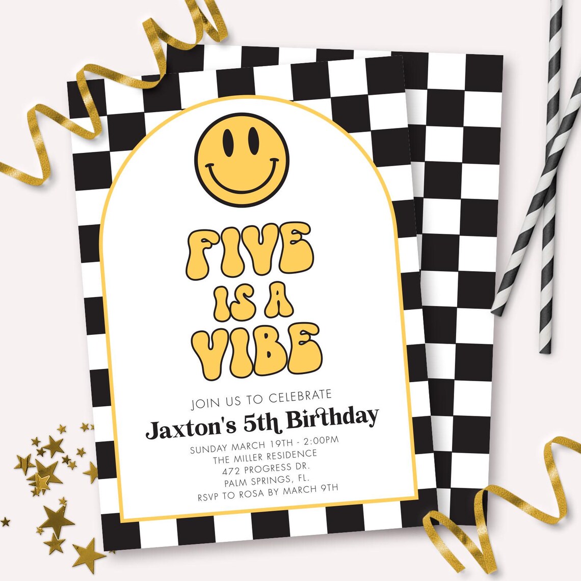 Five is A Vibe Birthday Invitation, Smile Face 5th Birthday Invite, One ...