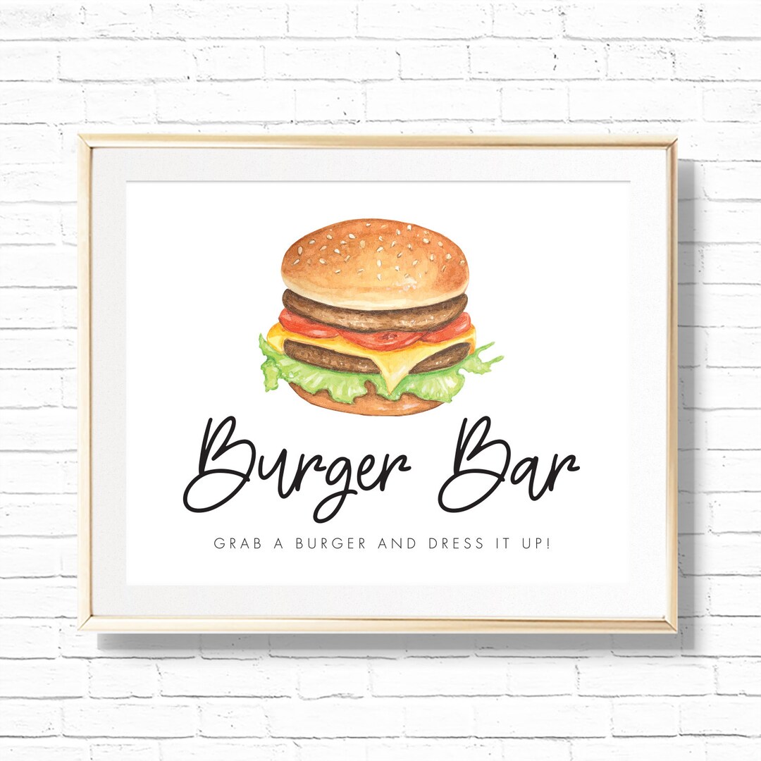 Burger Bar Sign - Printable Watercolor BBQ Baby 1st Birthday Party Food ...